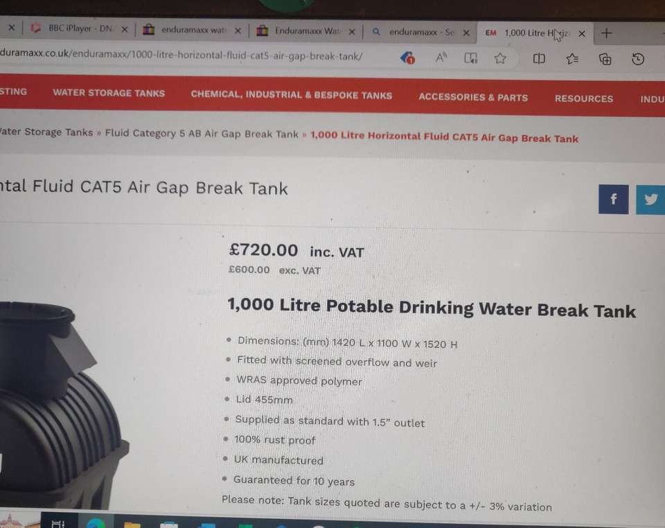 Enduramaxx Water Storage Tank 1000LITRE Horizontal Fluid CAT5 Air Gap ...