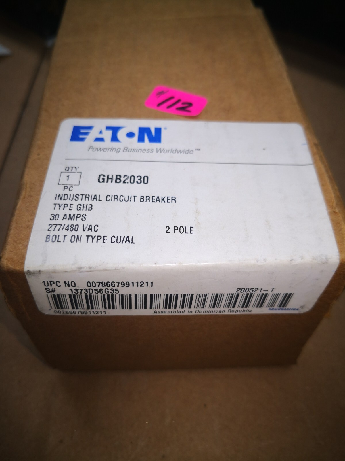 NEW - GHB2030, EATON. 2 POLE 30A 480/277V Breaker. NEW in box. stock ...