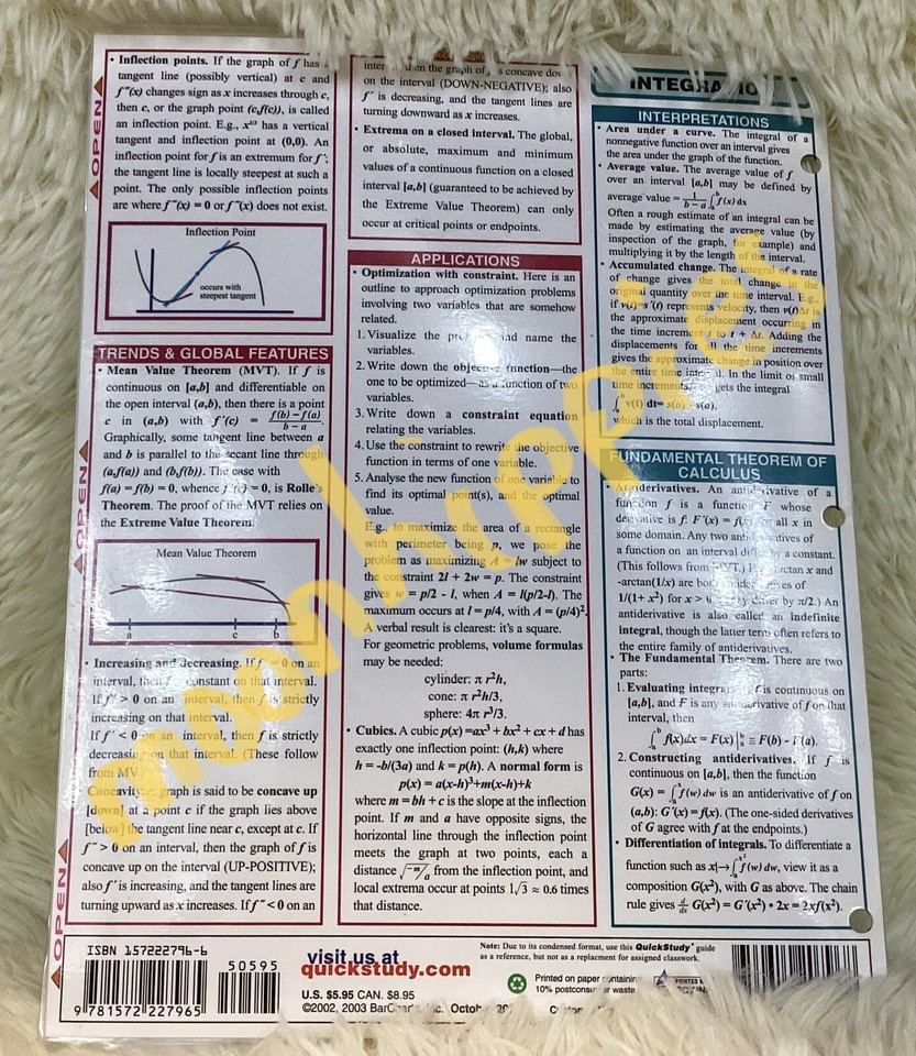 Bar Charts Calculus 1 Laminate Reference Chart: Functions Limits and ...