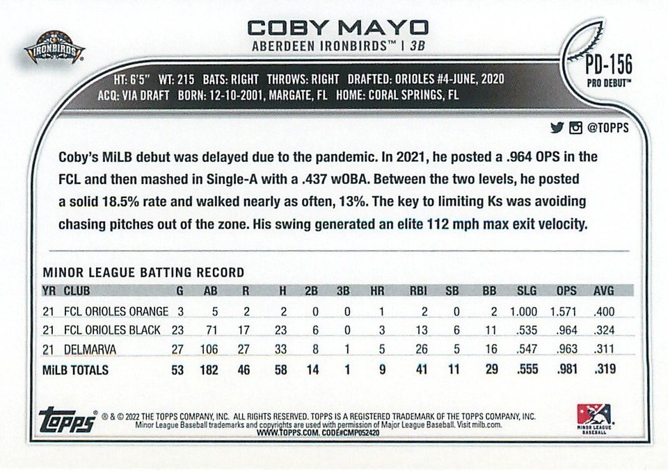 Coby Mayo 2022 Topps Pro Debut Baseball Rookie Card #PD-156 Aberdeen ...