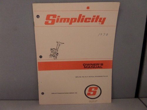 Simplicity Owners Manual 1972 Roticul Reversing Tiller 3H.P MFG. No.702 ...