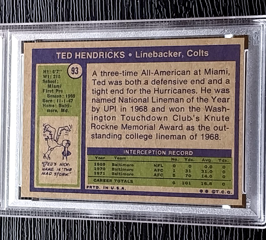 1972 TOPPS TED HENDRICKS ROOKIE FOOTBALL CARD #93 **PHENOMENAL** PSA 8 ...