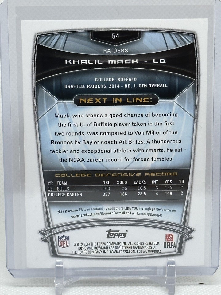 2014 Bowman Khalil Mack #54 Rookie Card Chicago Bears/ Raiders Chargers ...