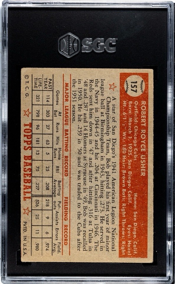 1952 Topps #157 Bob Usher GRAY BACK SGC 2 Graded Baseball Card *CgC605 ...