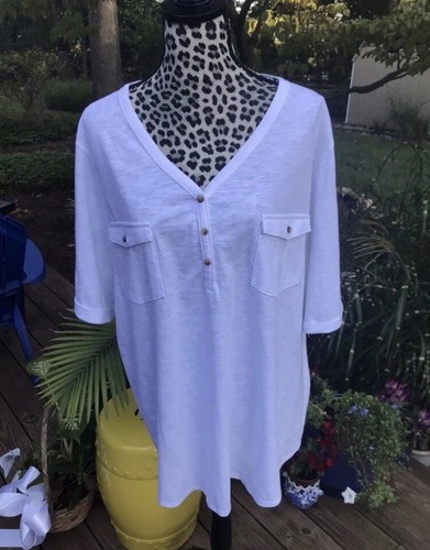 Croft & Barrow Henley Roll-Tab Shirt Women's Top XL White cotton Blend ...