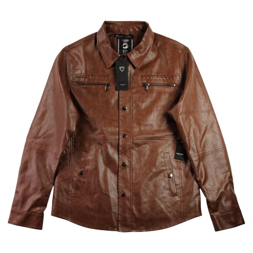 Fried Denim Jacket Mens L Tan Brown Faux Leather Shirt Snap Front Zip ...