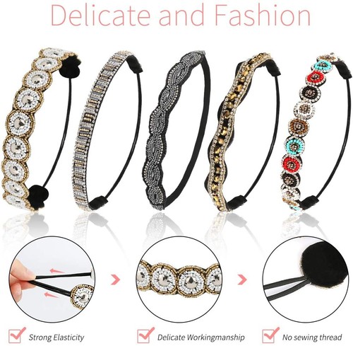 5pcs Women Beaded Headband Crystal Rhinestone Elastic Headband for ...