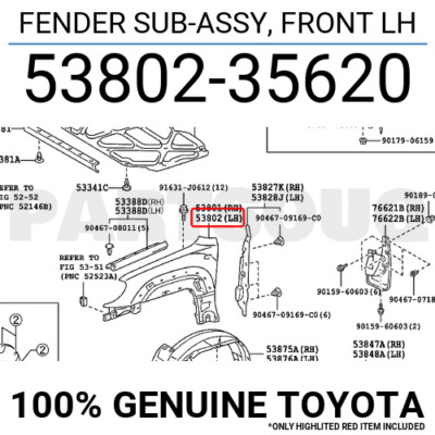 5380235620 Genuine Toyota FENDER SUB-ASSY, FRONT LH 53802-35620 | eBay