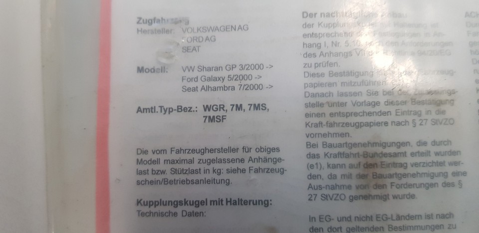 Kupplungskugel mit Halterung VW Sharan Ford Galaxy Seat Alabama ...