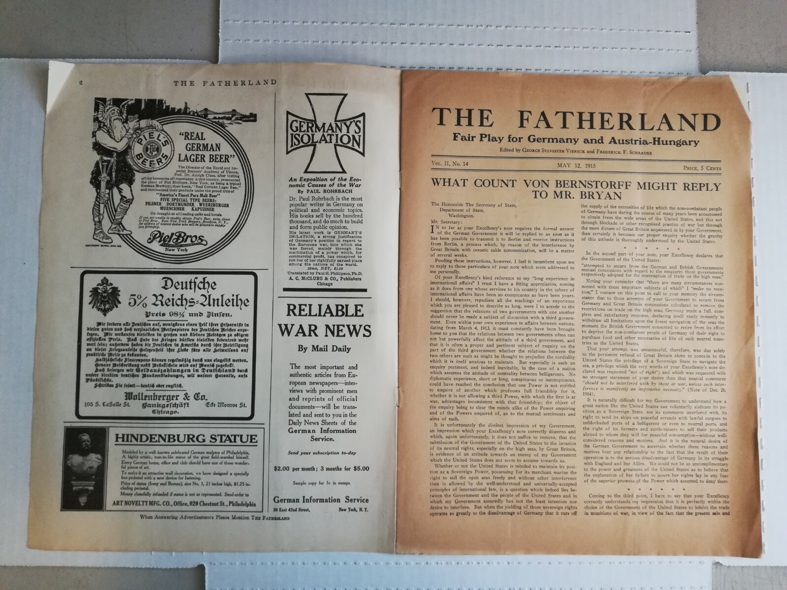 The Fatherland A Weekly Vol. II No. 14 1915 Pro German WWI propaganda ...