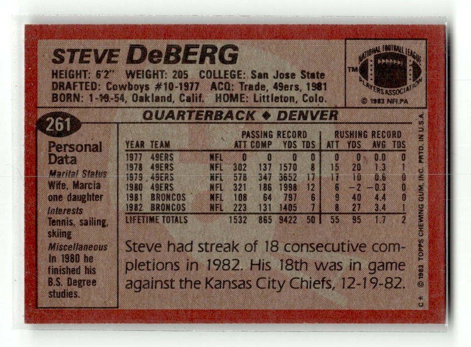 1983 Topps Football Card Steve DeBerg #261 Denver Broncos | eBay