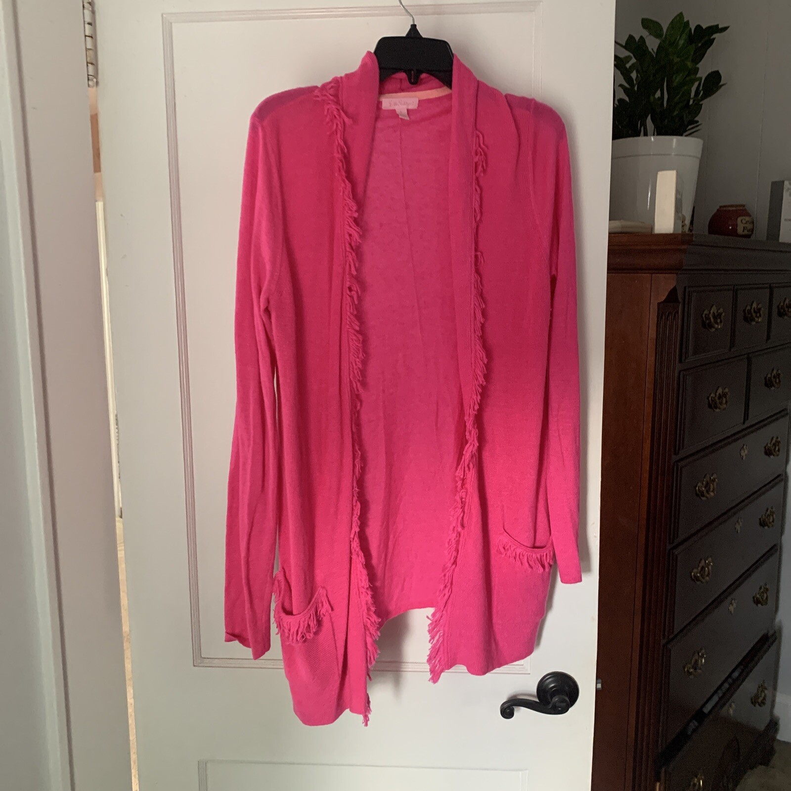 Lilly Pulitzer Hot Pink Open Front Cardigan with Frin… - Gem