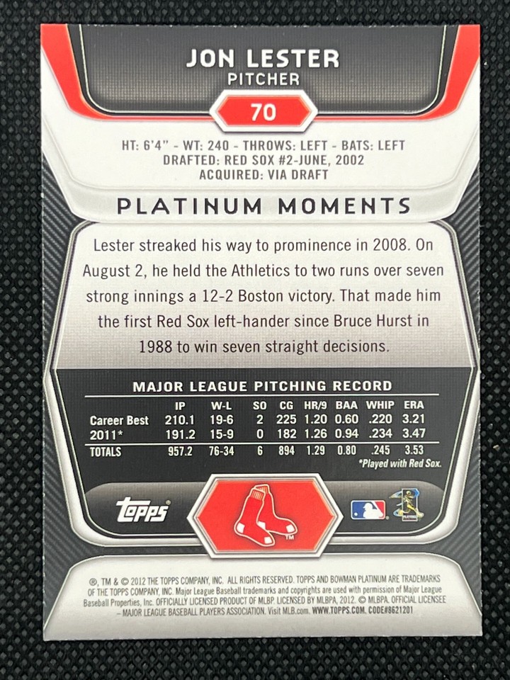 2012 Bowman Platinum Jon Lester #70 Red Sox Baseball Card 32C | eBay