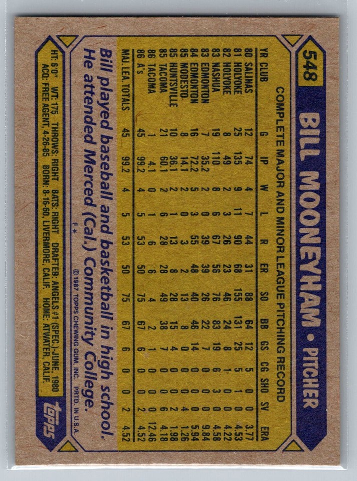 Bill Mooneyham 1987 Topps Set Break BASEBALL #548 Oakland Athletics RC ...