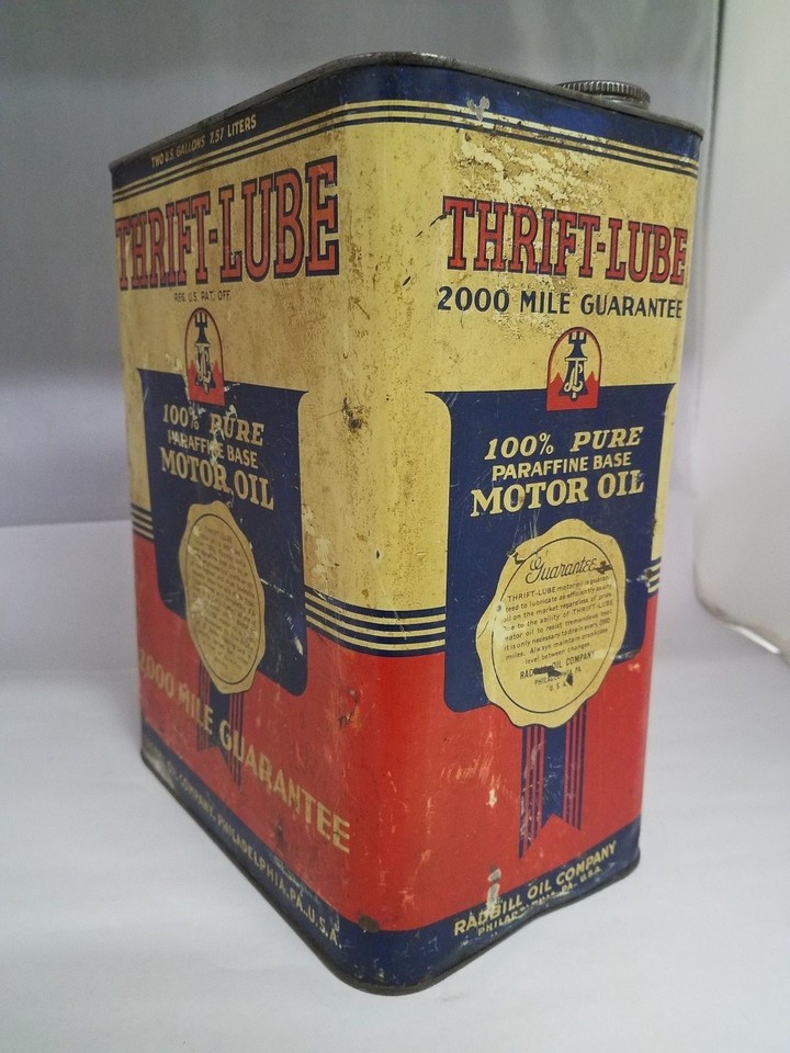 VINTAGE ADVERTISING THRIFT LUBE MOTOR OIL 2 GALLON CAN TIN 180-X | eBay
