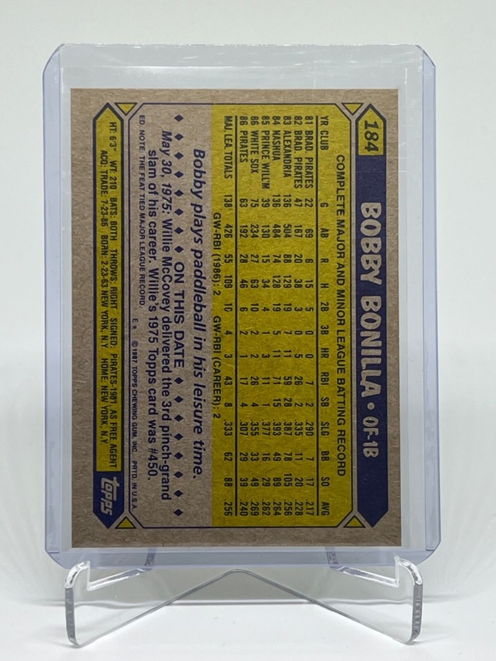1987 Topps Bobby Bonilla #184 Rookie Card RC Pittsburgh Pirates | eBay