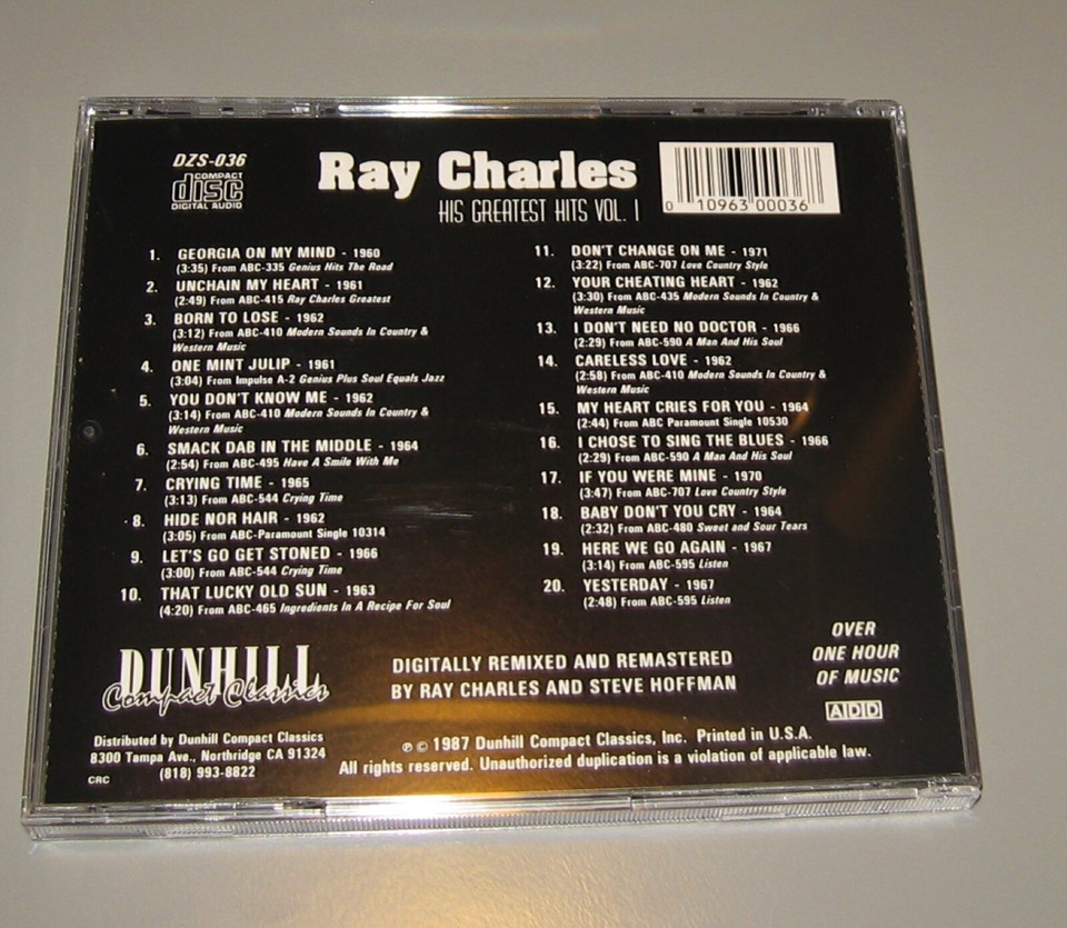 Ray Charles - His Greatest Hits Vol. 1 (CD, 1987, Dunhill Compact ...