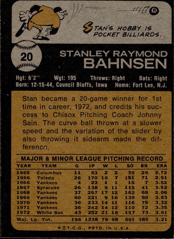 Stan Bahnsen - 1973 Topps Baseball Card #9 - Chicago White Sox + FREE ...