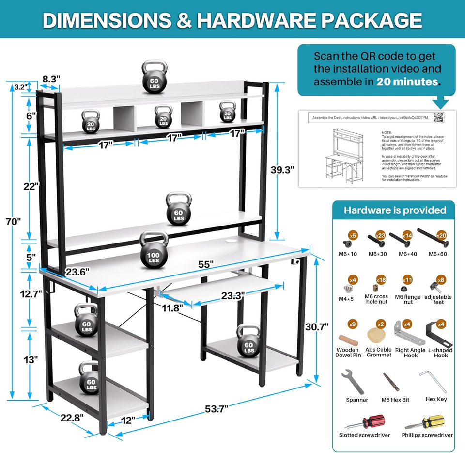 Desk/Hutch, 70 inch High 53 Width, Heavy Duty Computer Desk w/Keyboard ...