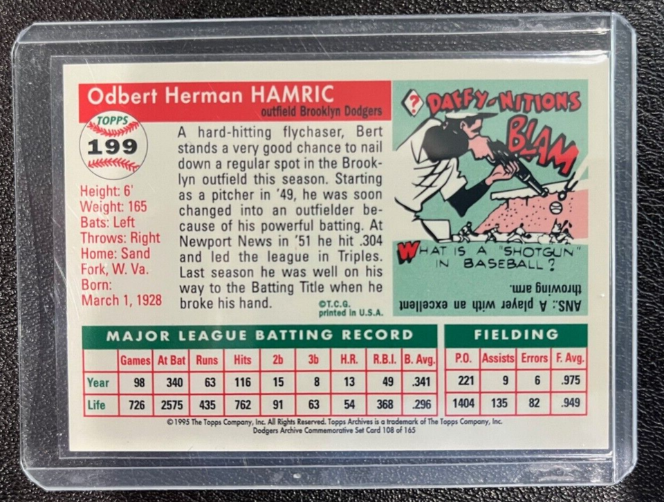 1995 Topps Archives Bert Hamric 1955 Reprint #199 MINT* | eBay