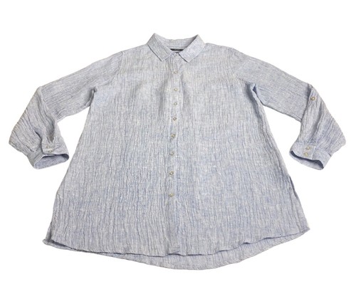 Tahari Top Womens M Blue Linen Tunic Button Up Roll Tab Gauze Lagenlook ...