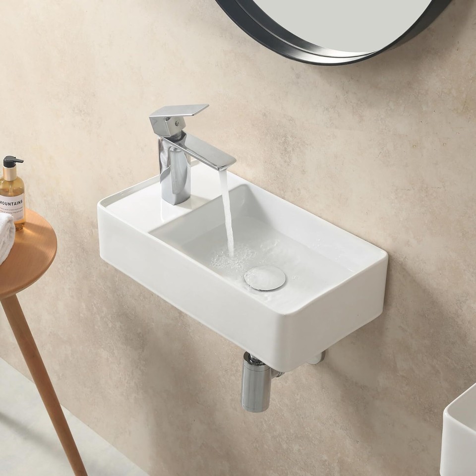 18" x10" Ceramic Small Vessel Sink Wall Mount Bathroom Sink with Pop Up ...