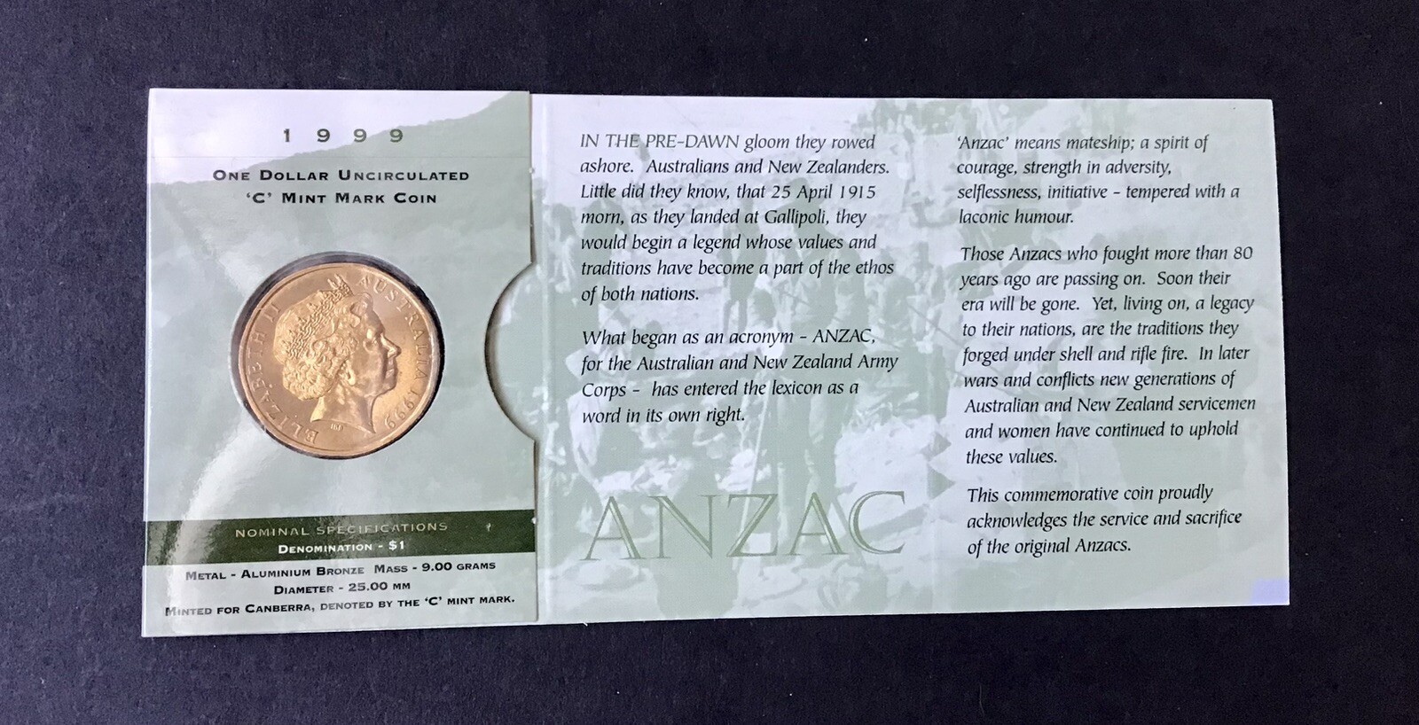1999 Australian $1 Coin Decimal x 1 The Last Anzacs ‘C’ Mint Mark ...