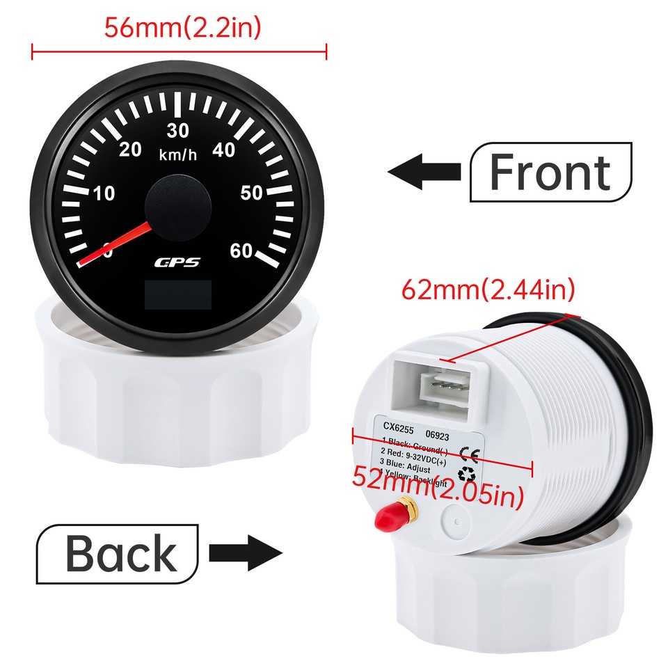 2'' 52mm Marine Boat GPS Speedometer 0-60 Km/H Odometer Gauge with 7 ...