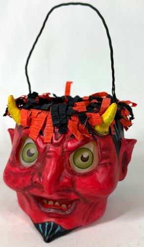 Red Mischievous Devil Bucket Paper Mache Halloween Candy Pail Decor ...
