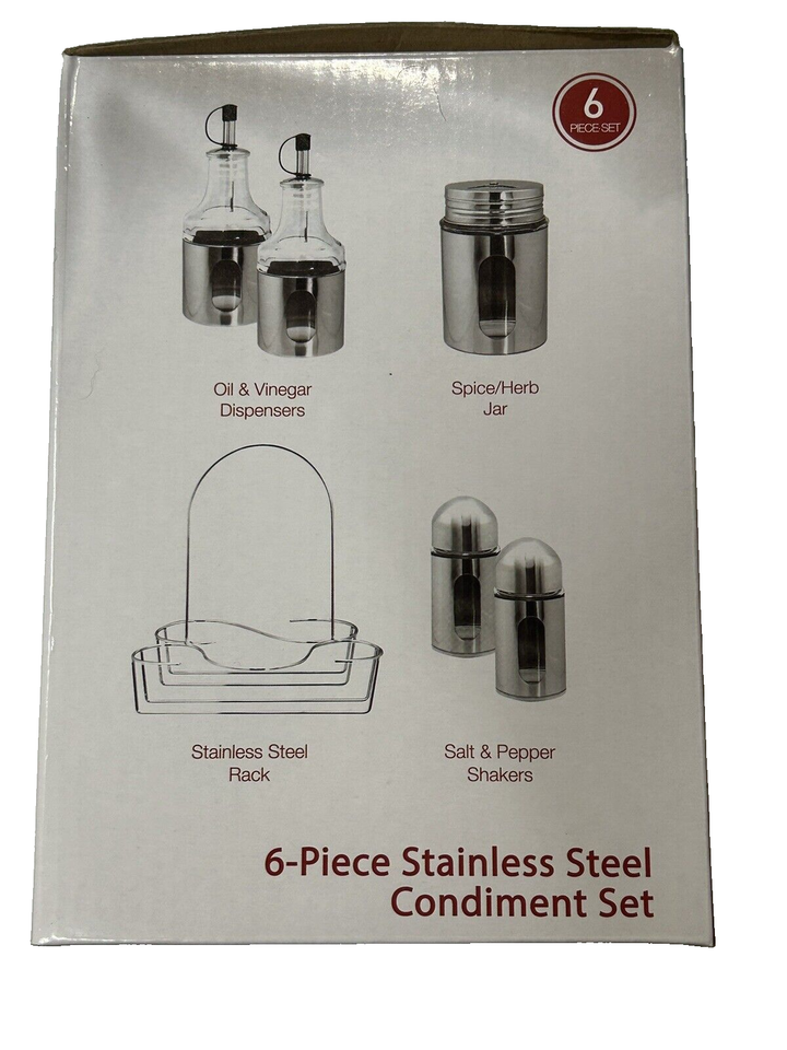 Parini 6 Piece Glass & Stainless Steel Condiment Set & Carrier Rack New ...