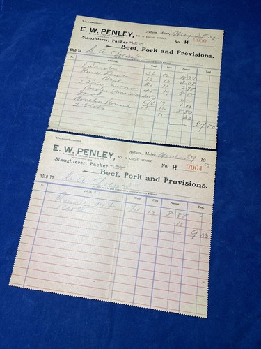 2 - 1905 Receipts Maine Butcher - E.W. Penley SLAUGHTERER, PACKER ...