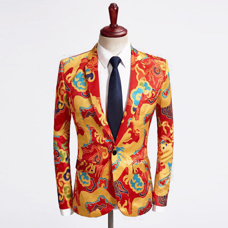 Men Embroidered Dragon Slim Jacket Suits Blazer Fancy Dress Showman ...