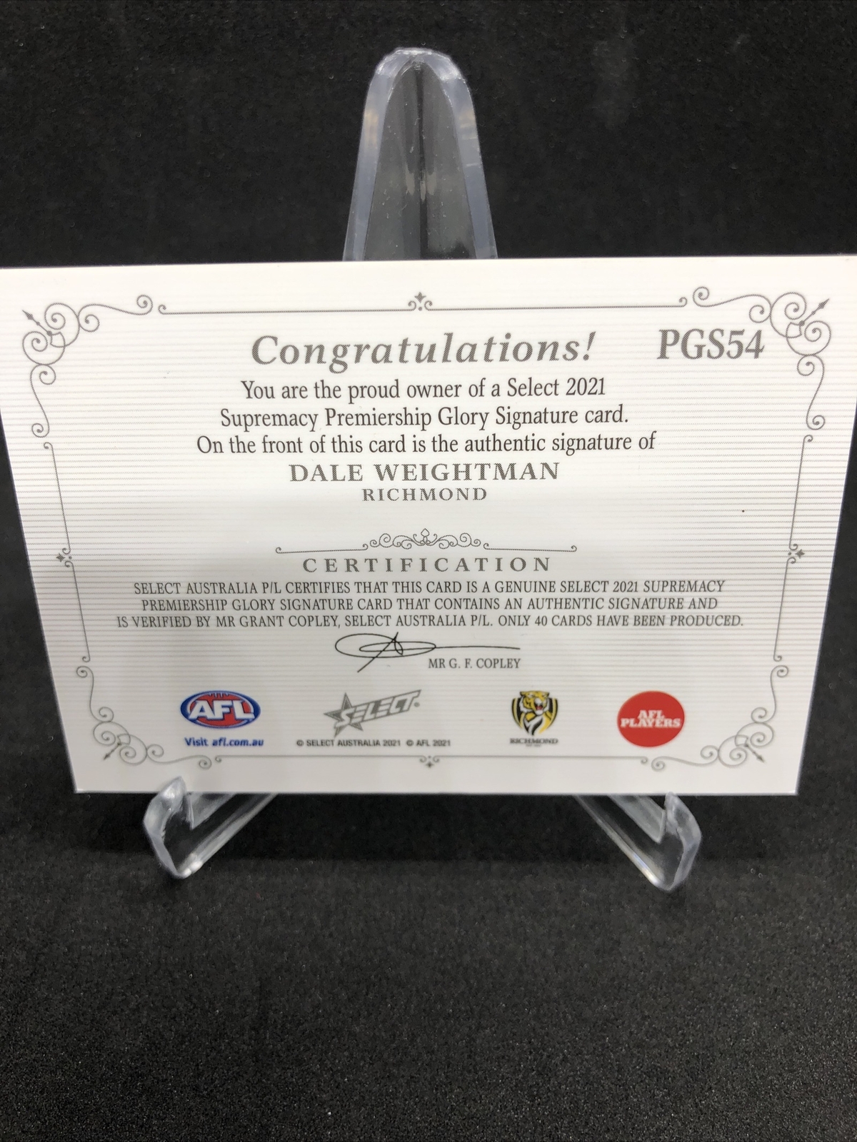 2021 AFL SELECT SUPREMACY PREMIERSHIP GLORY SIGNATURE DALE WEIGHTMAN 14 ...