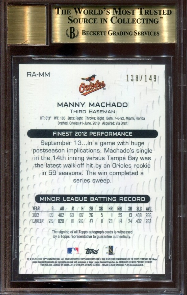 Manny Machado 2013 Topps Finest Rookie Auto X-Fractor #/149 BGS 10 | eBay