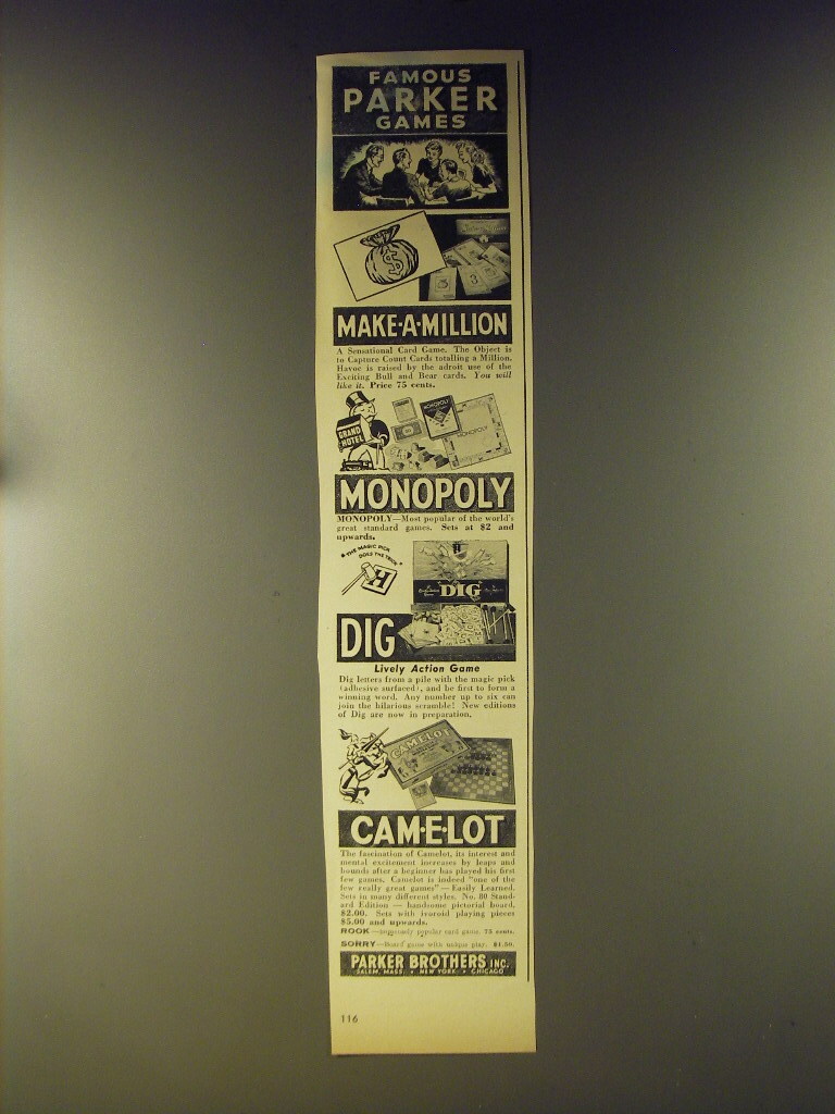1945 Parker Brothers Games Ad - Make-a-million, Monopoly, Dig, Cam-e ...