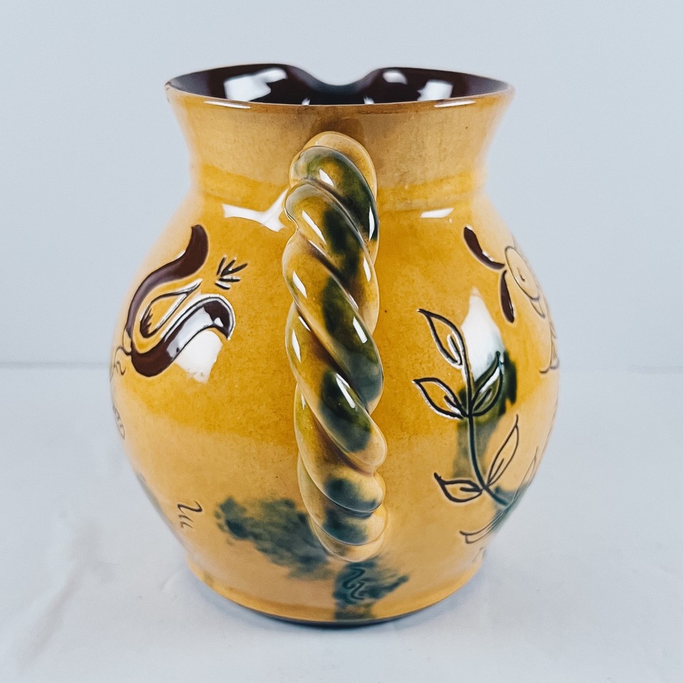 Vintage L. Breininger Redware Pottery Yellow Floral/Bird Pitcher 1992 ...