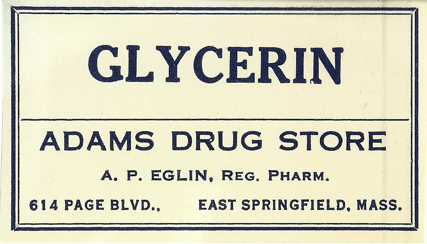Vintage Pharmacy Label GLYCERIN Adams Drug Store East Springfield ...
