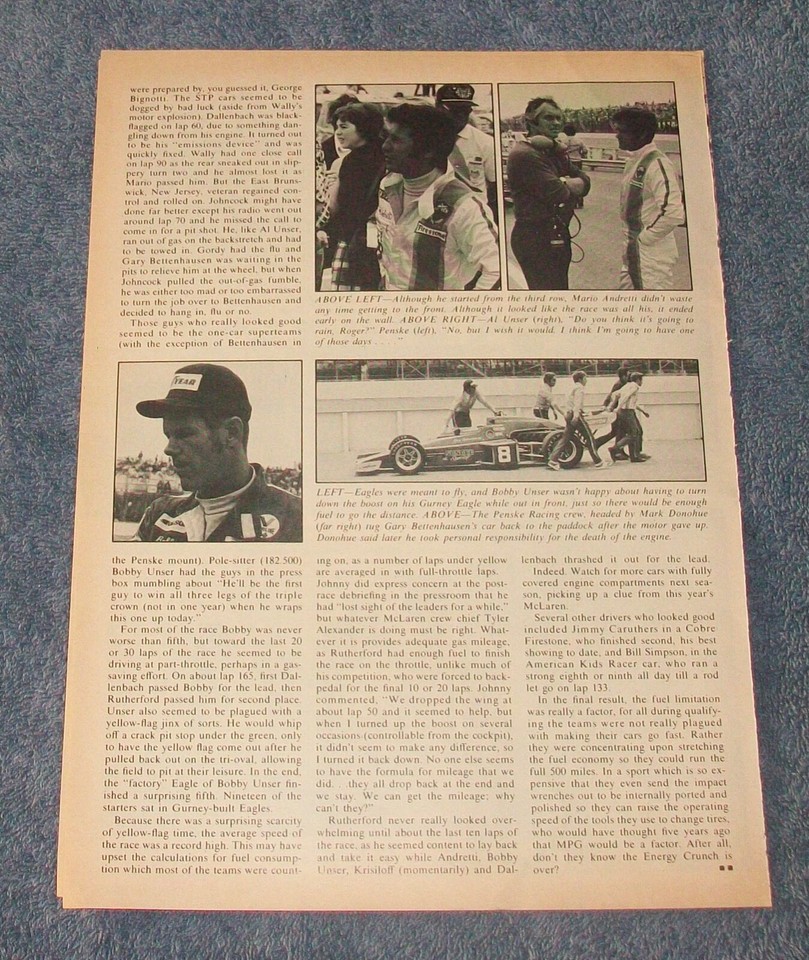 1974 USAC Pocono 500 Vintage Race Highlights Article Johnny Rutherford ...