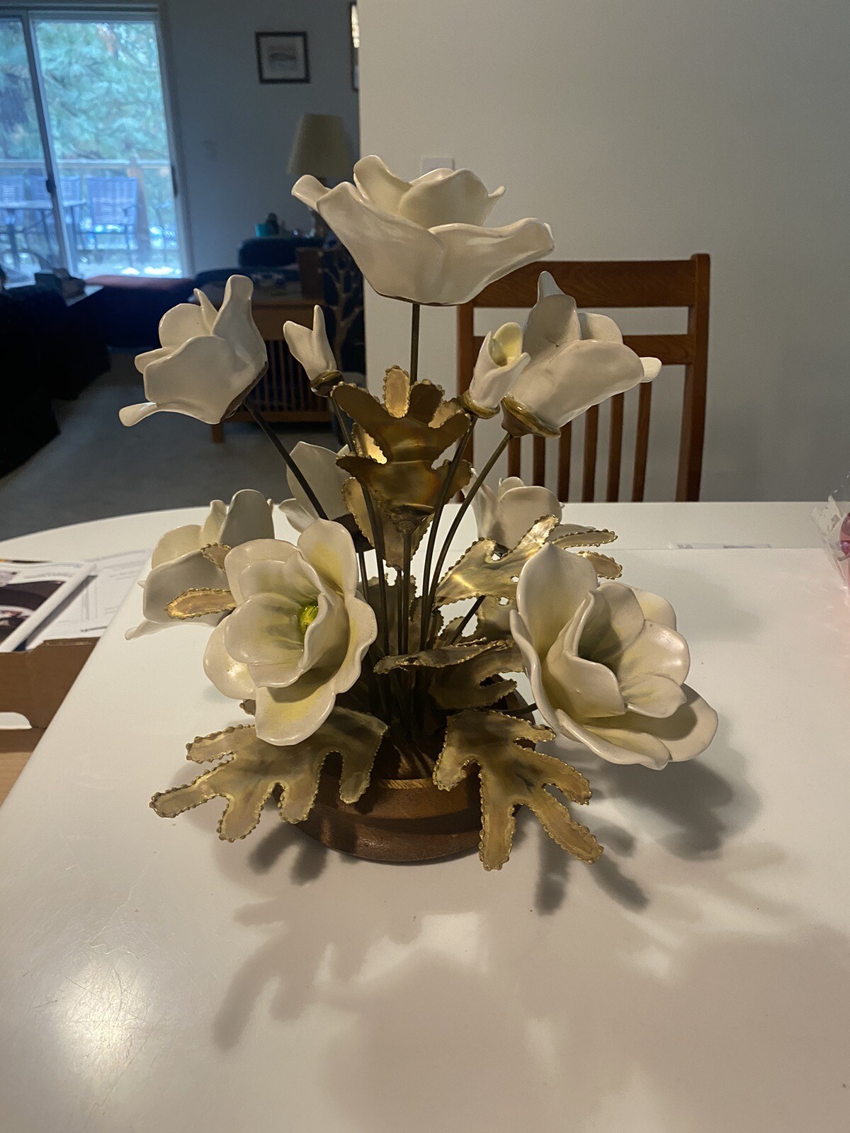 Vintage Winifred Cole MCM Ceramic Brass Metal Flower Leaves Sculpture ...