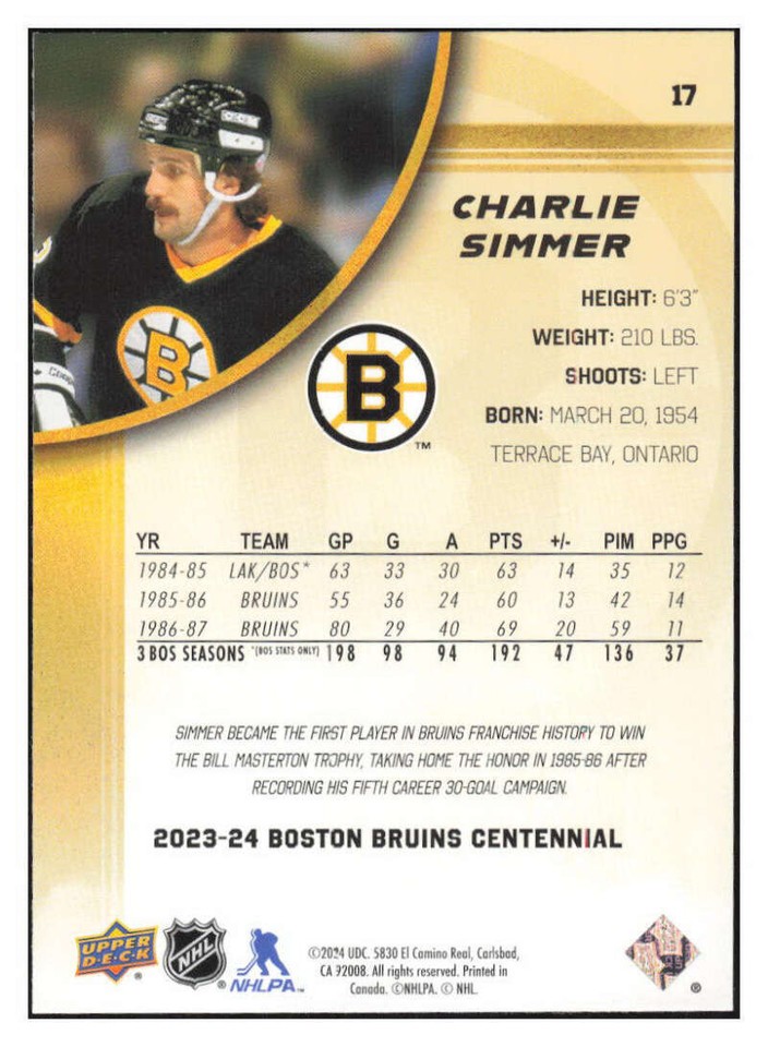Charlie Simmer 2023-24 Upper Deck Boston Bruins Centennial #17 NHL Box ...