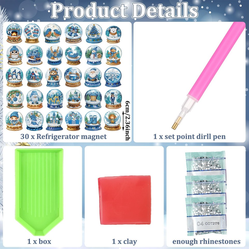 30 Pcs Winter Magnetic Diamond Art Decor Blue Crystal Ball Diamond ...