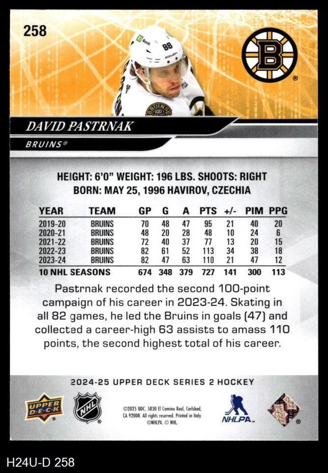 2024 Upper Deck #258 David Pastrnak Bruins 8 - NM/MT | eBay