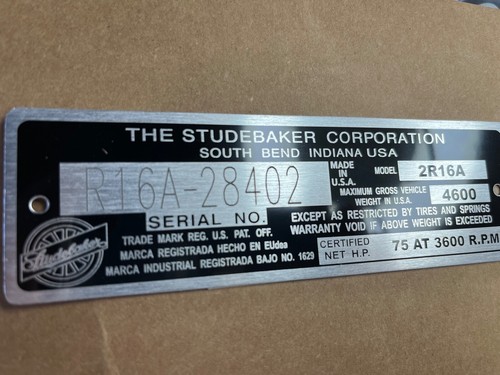 STUDEBAKER USA MADE MODEL SERIAL NUMBER DATA PLATE ID TAG MODEL CAN BE ...