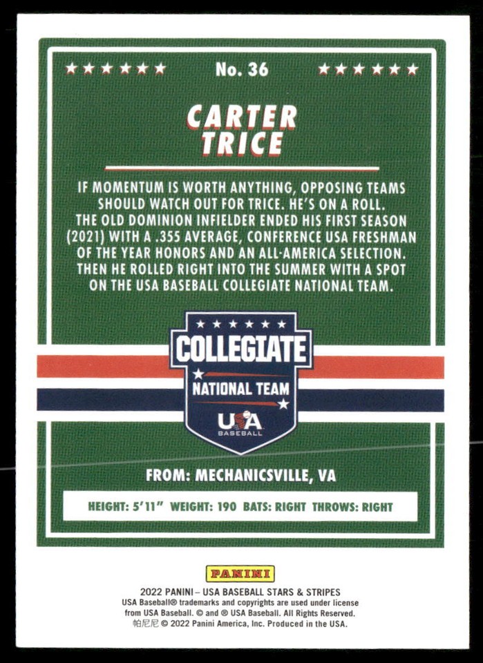 2022 Panini USA Baseball Stars & Stripes Carter Trice | eBay