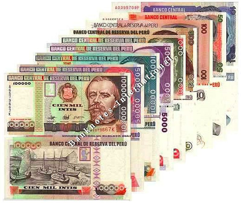 PERU SET OF 9 PCS 10 - 500 1000 5000 10000 50000 100000 INTIS 1981-88 ...