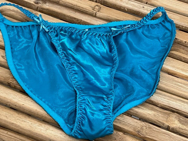 VINTAGE SHINY BLUE SATIN RUCHED STRING BIKINI PANTY w… - Gem