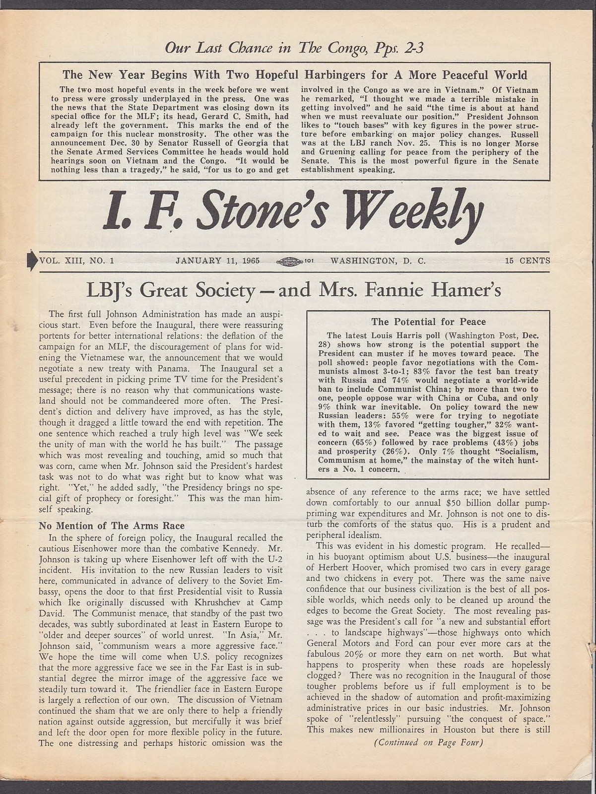 I F STONE'S WEEKLY Vol XIII #1 LBJ Congo Alexander Meiklejohn 1/11 1965 ...