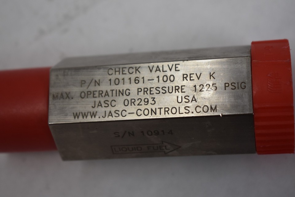 Jasc Check Valve 101161-100 Rev K Operating Pressure 1225 PSIG S/N ...