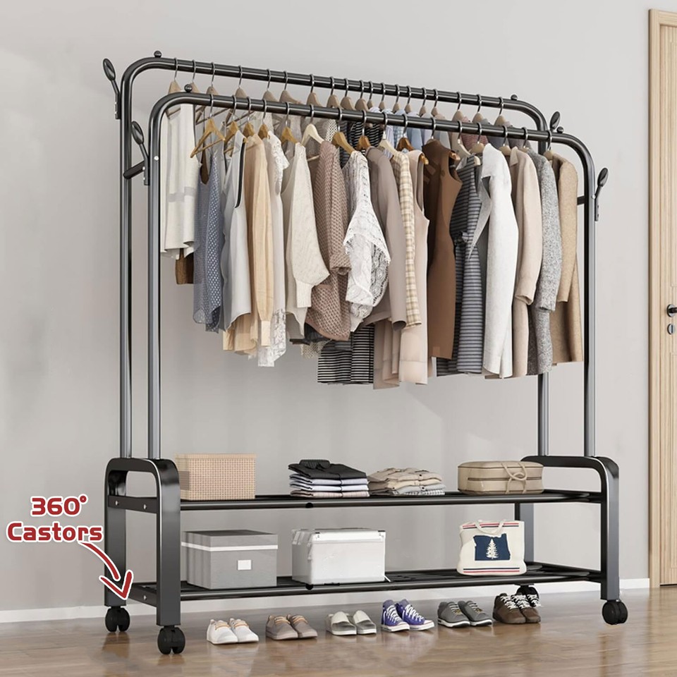 Portable Clothes Coat Garment Hanging Rack Shoe Storage Shelf Organizer ...
