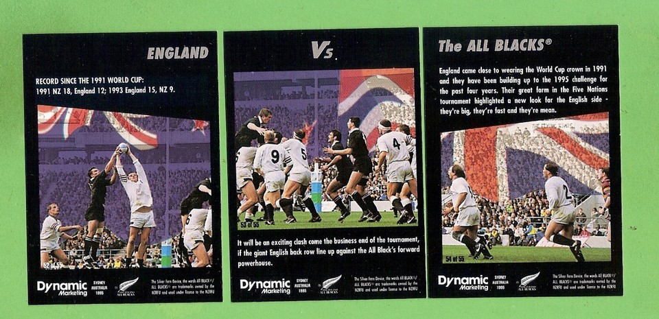 1995 NEW ZEALAND RUGBY UNION CARDS #52, 53 & 54, ENGLAND V ALL BLACKS ...